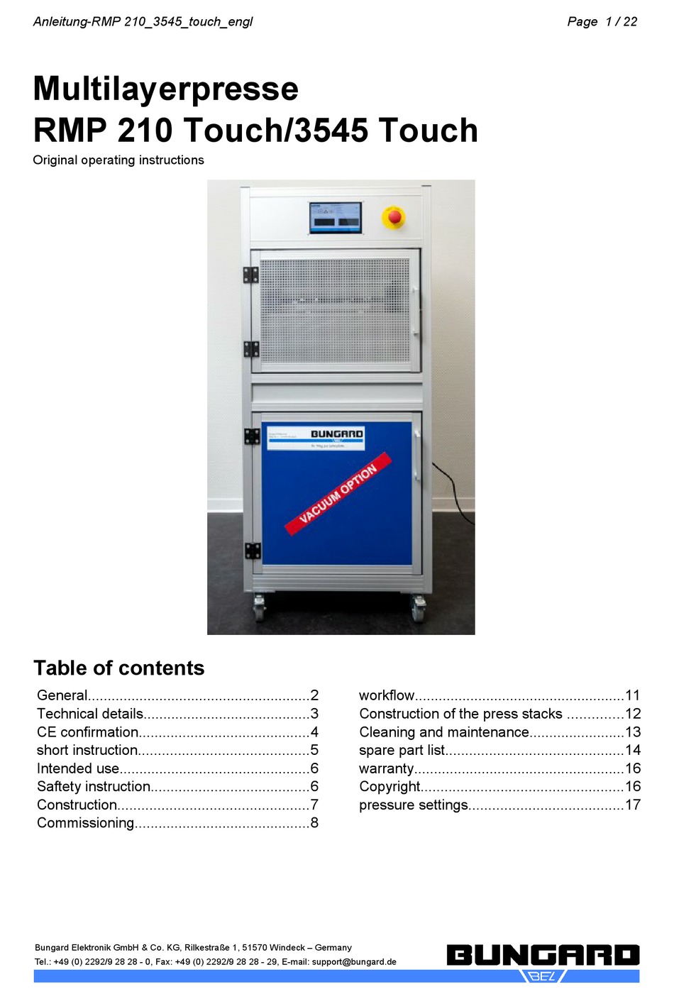 BUNGARD RMP 210 TOUCH OPERATING INSTRUCTIONS MANUAL Pdf Download ...