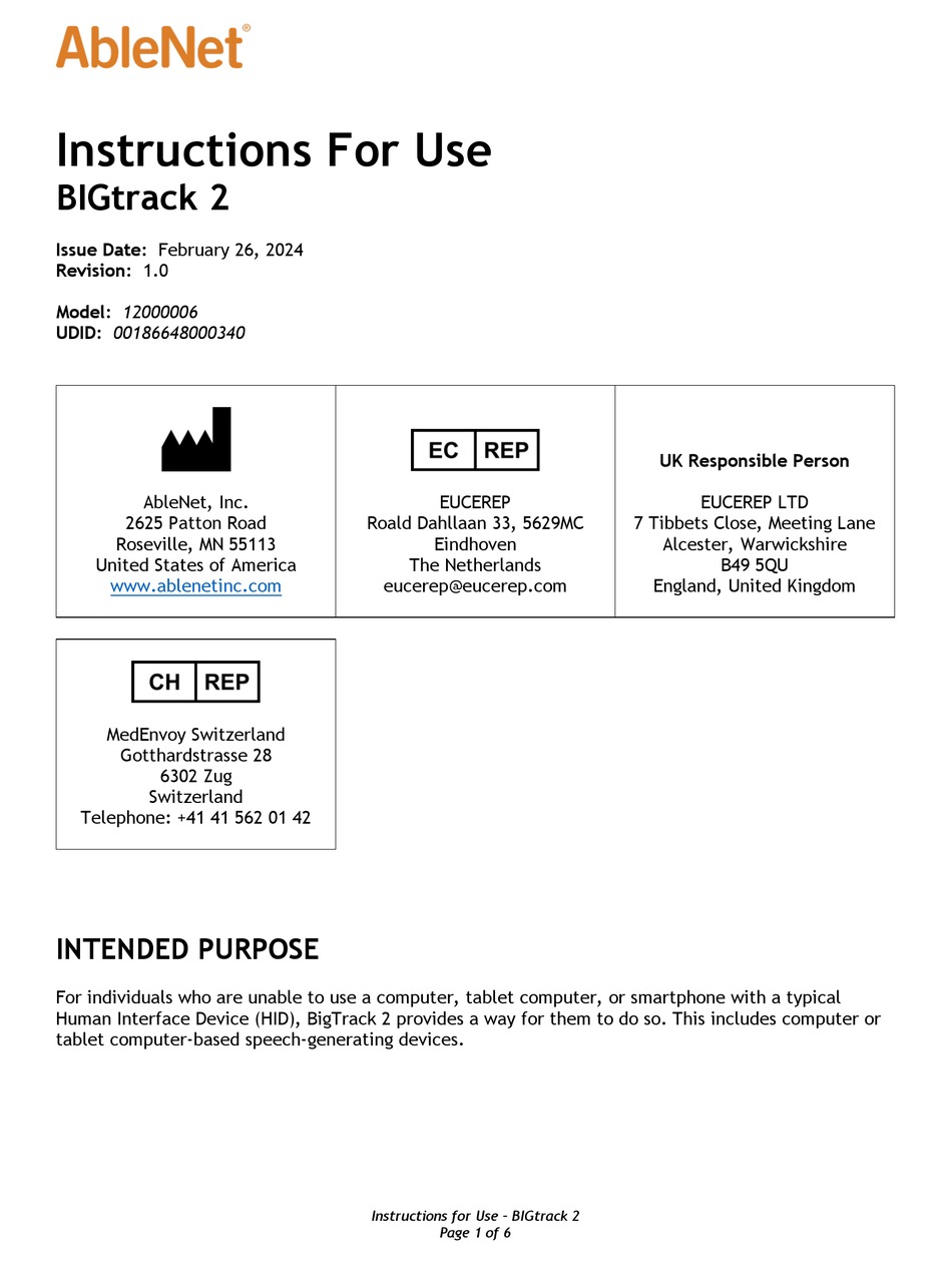 ABLENET BIGTRACK 2 INSTRUCTIONS FOR USE MANUAL Pdf Download | ManualsLib