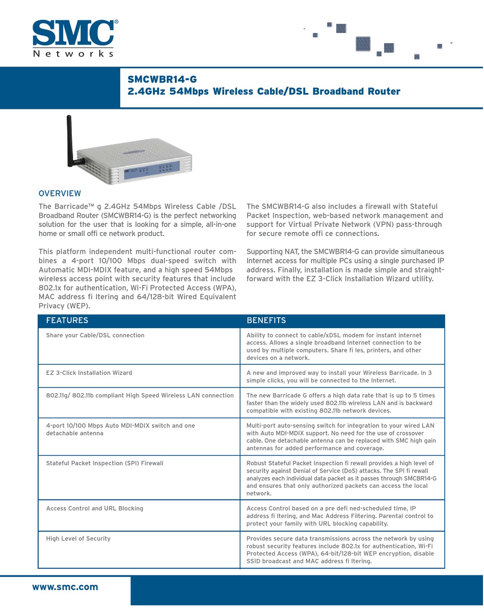 SMC NETWORKS SMCWBR14-G SPECIFICATIONS Pdf Download | ManualsLib