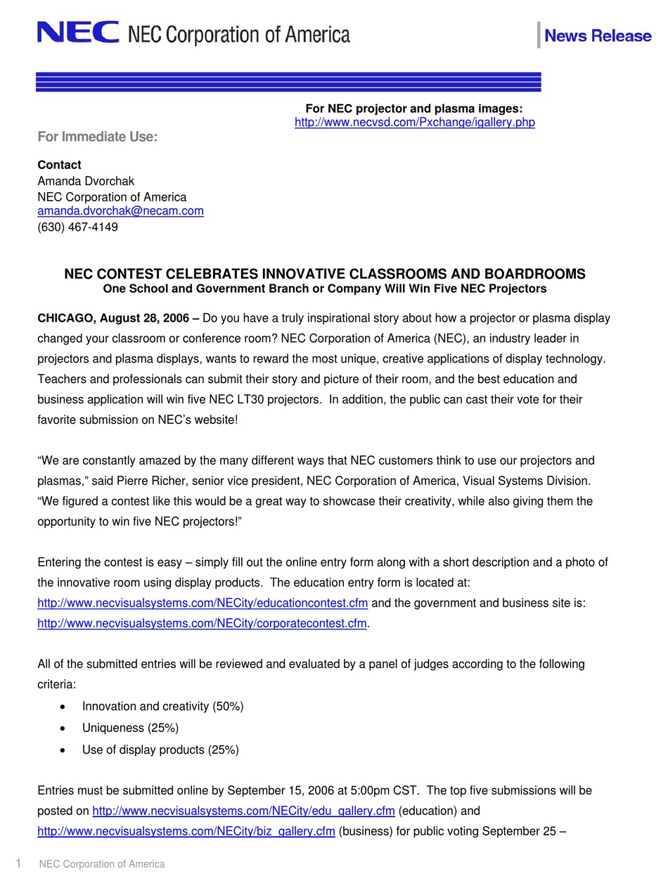NEC CONTESTPRESSRELEASE8.06FINAL MANUAL Pdf Download | ManualsLib