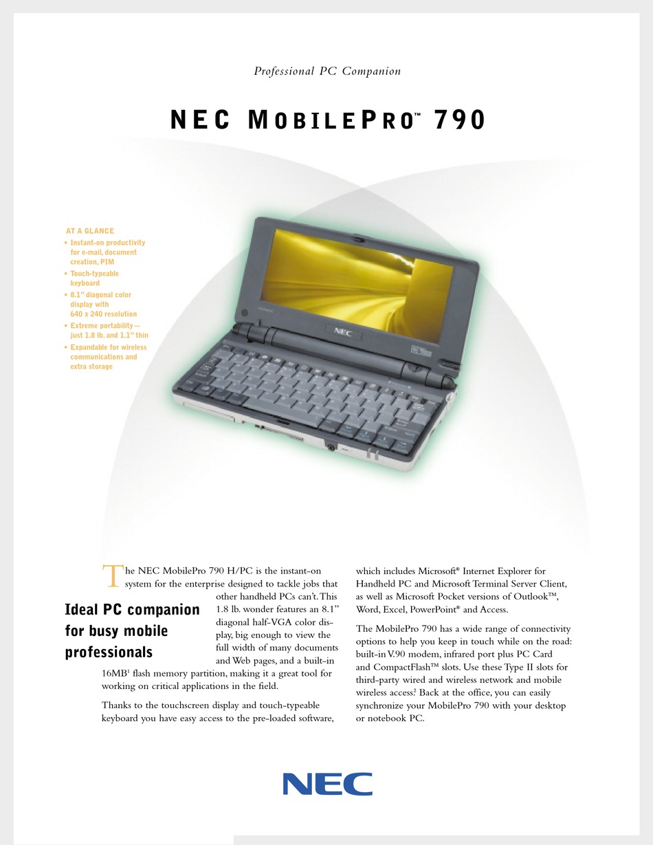 NEC MOBILEPRO 790 SPECIFICATIONS Pdf Download | ManualsLib