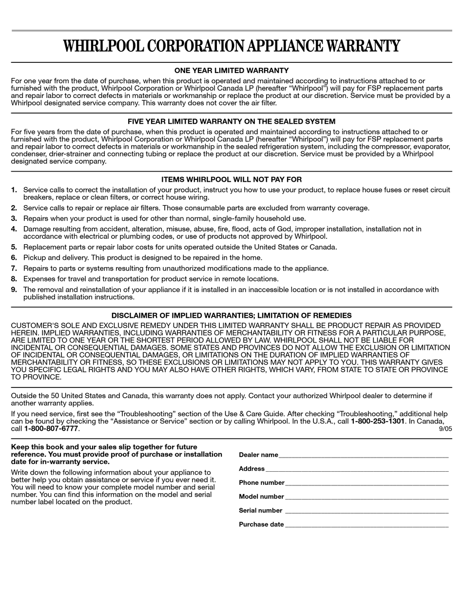 WHIRLPOOL 66311142-W WARRANTY Pdf Download | ManualsLib