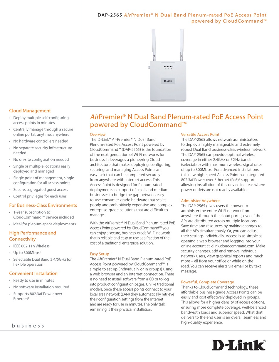 D-LINK AIRPREMIER DAP-2565 BROCHURE & SPECS Pdf Download | ManualsLib