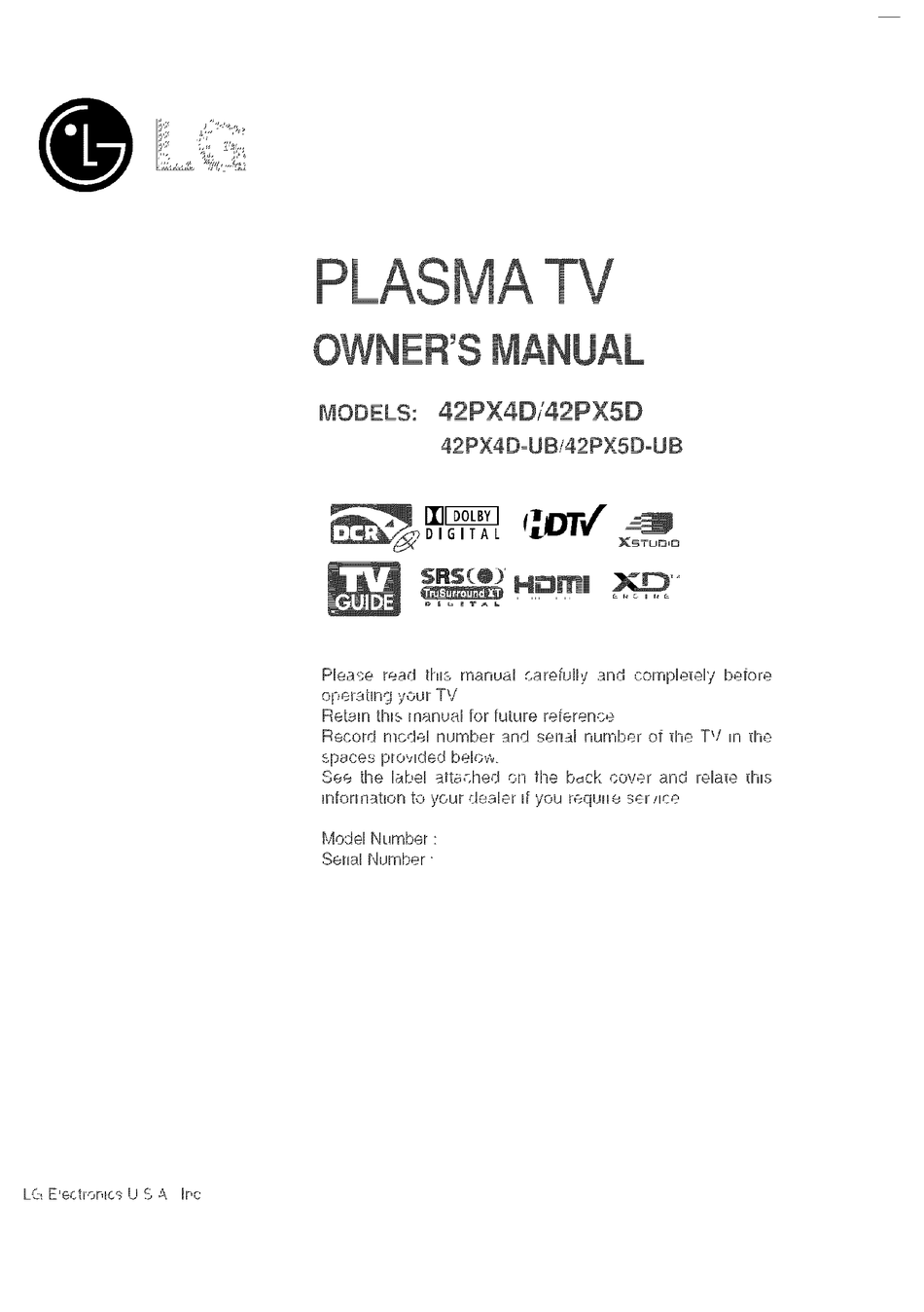 LG 42PX5D - 42 PLASMA INTEGRATED HDTV OWNER'S MANUAL Pdf Download ...