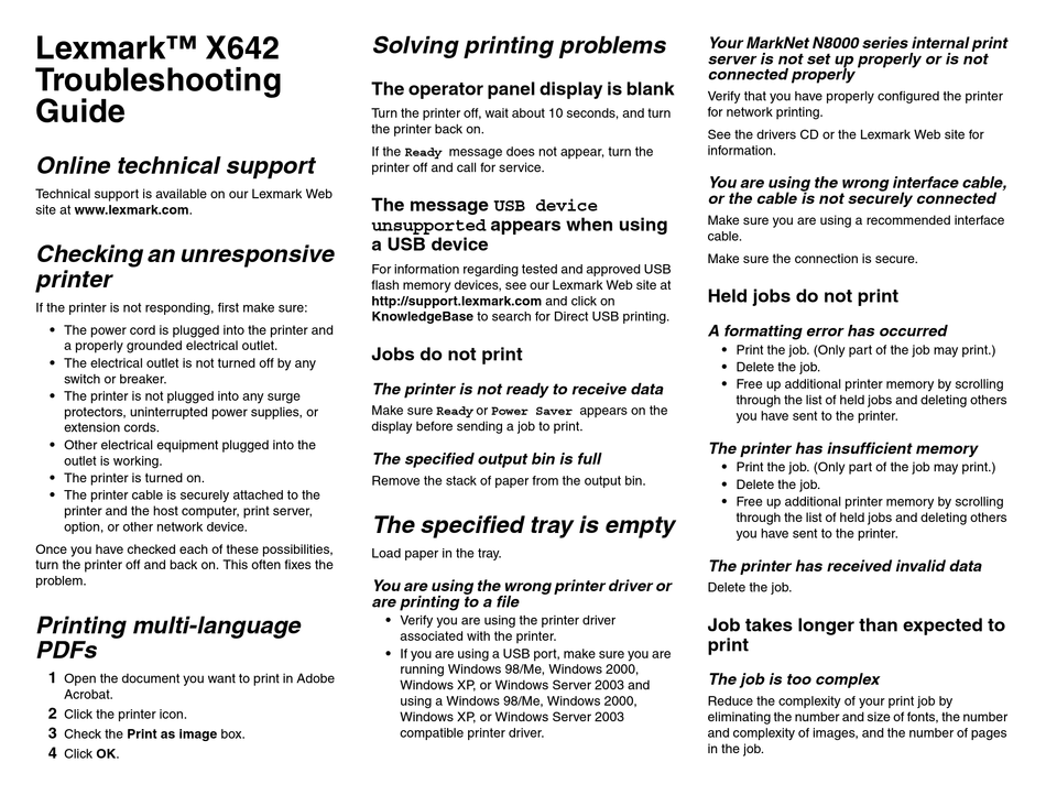 LEXMARK 642E - X MFP B/W LASER TROUBLESHOOTING MANUAL Pdf Download | ManualsLib