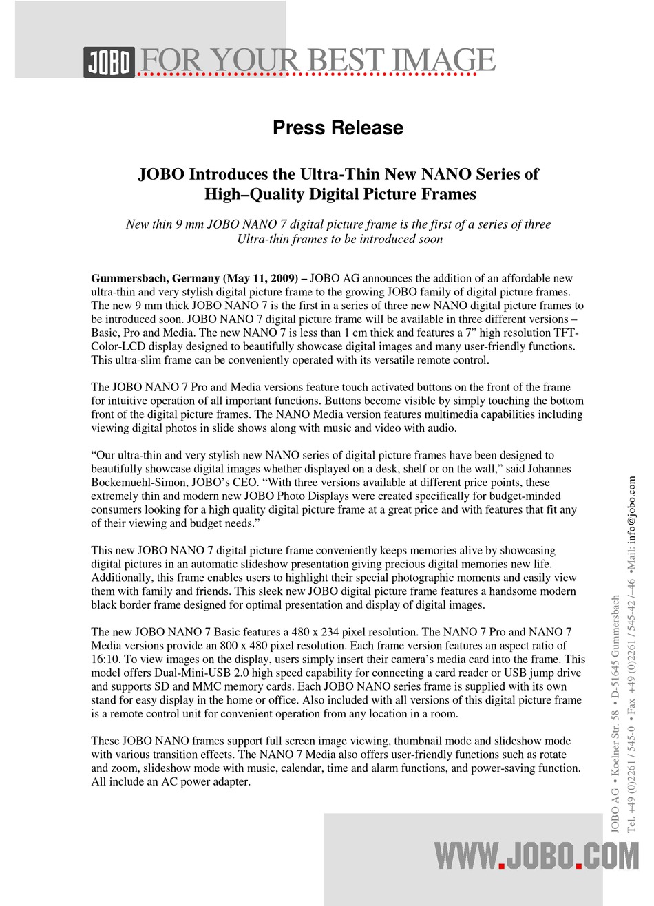 JOBO NANO 7 - PRESS RELEASE MANUAL Pdf Download | ManualsLib
