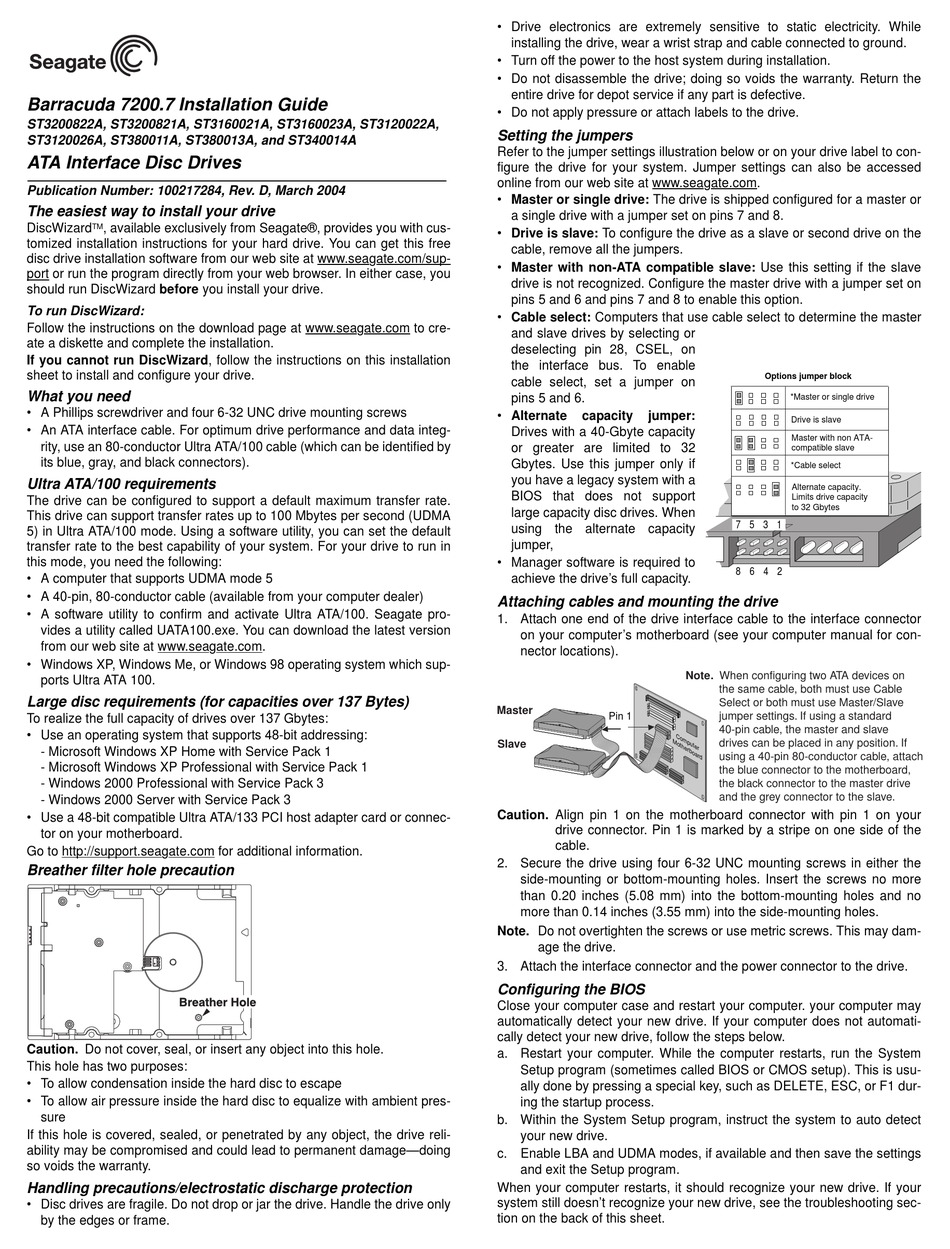 SEAGATE ST3100011A - 100GB UDMA/100 7200RPM 2MB IDE HARD DRIVE ...