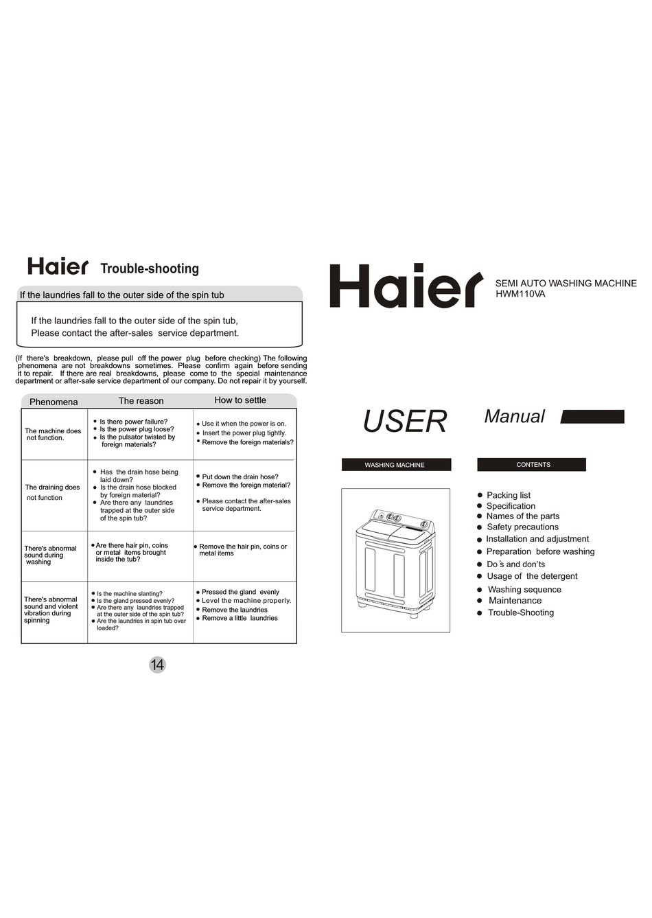 HAIER HWM110VA USER MANUAL Pdf Download | ManualsLib
