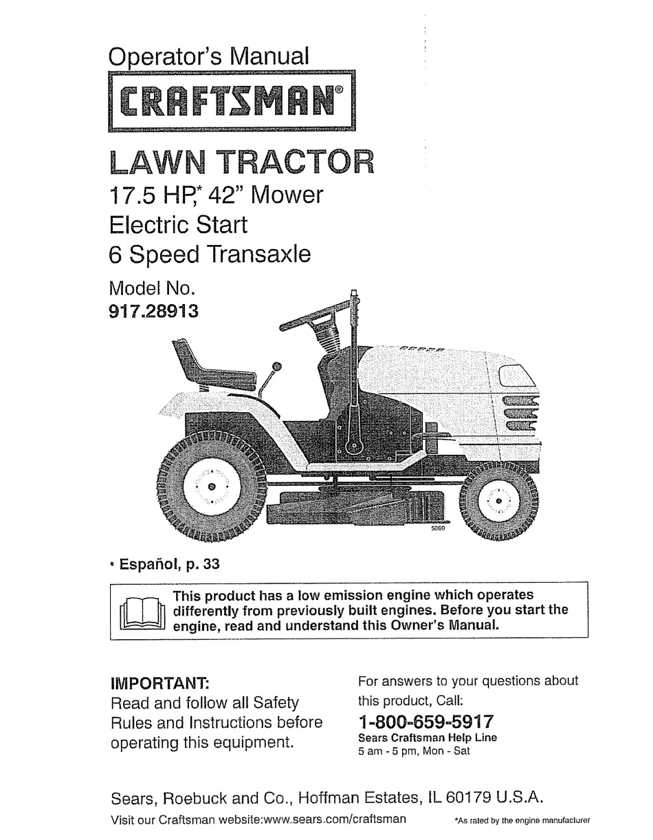 CRAFTSMAN 28913 LTS 1500 17 5 HP 42 LAWN TRACTOR OPERATOR S MANUAL