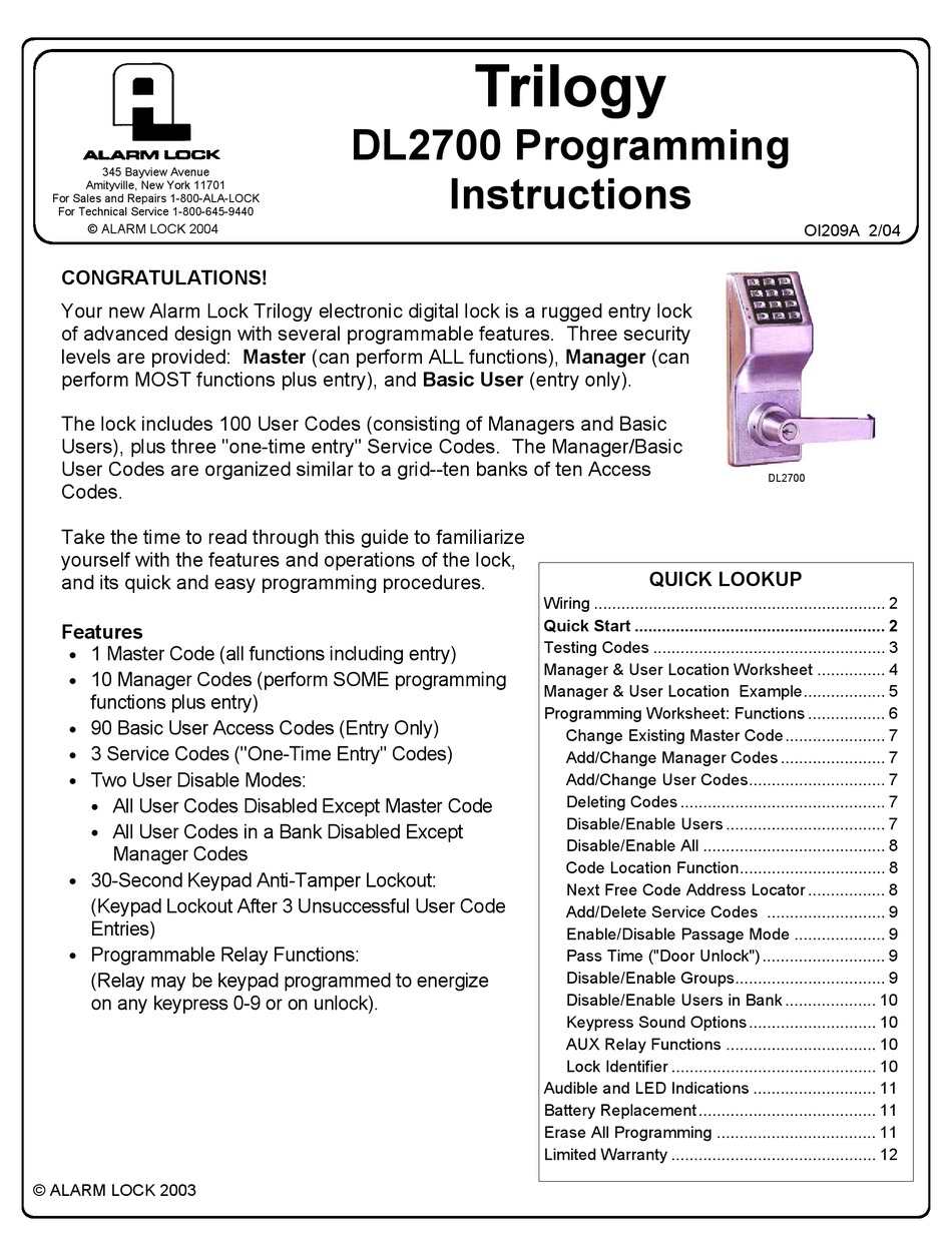 ALARM LOCK TRILOGY DL2700 PROGRAMMING INSTRUCTIONS MANUAL Pdf Download 
